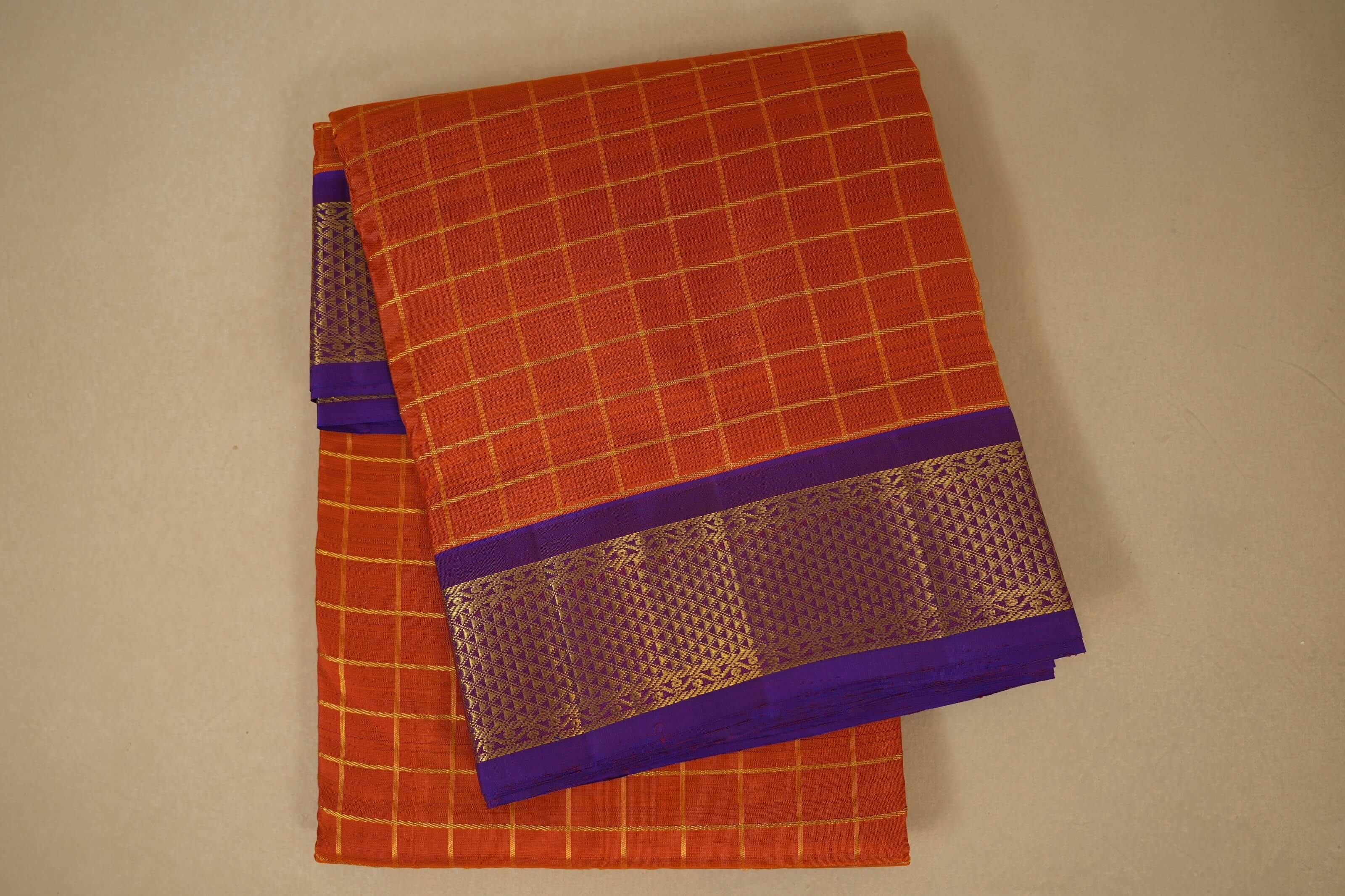 Rust checks with purple borders Ten yards silk saree by Shreenivas sil ...